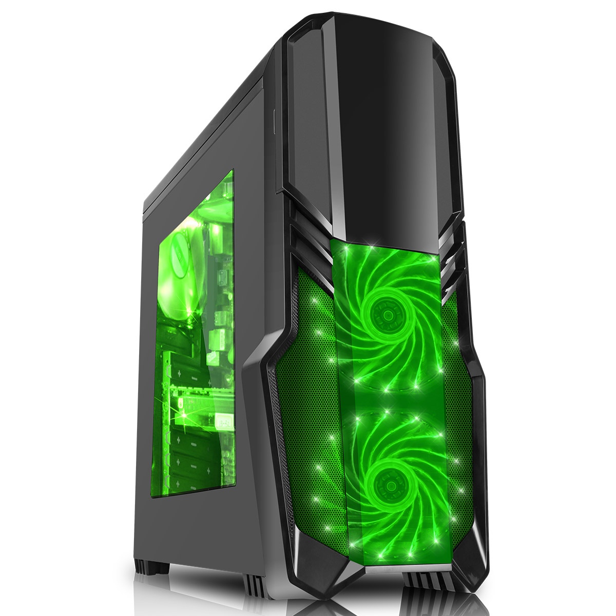 CiT G Force Black Case 1 x USB3 2 x 12cm Green 15 LED Front Fans ...