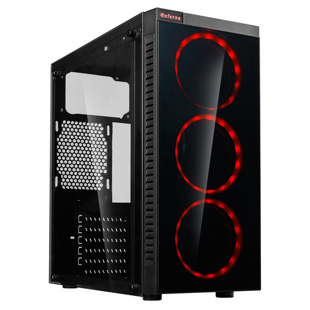 CiT Inferno Red Midi Tempered Glass Gaming Case 3 x Red Dual Side LED ...