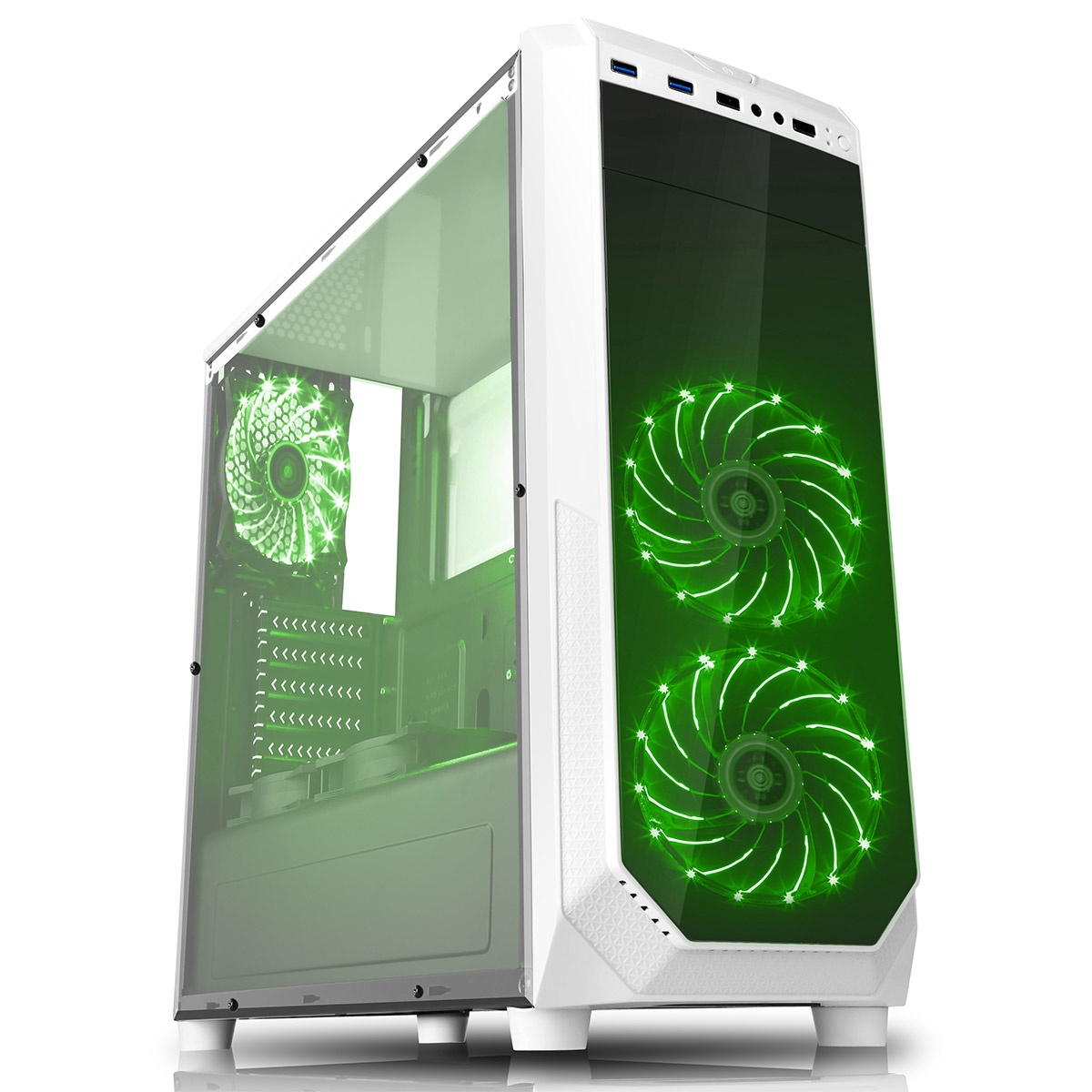 Fierce PC Expanse White Case with 2 x Green 15 Led Front Fans ...