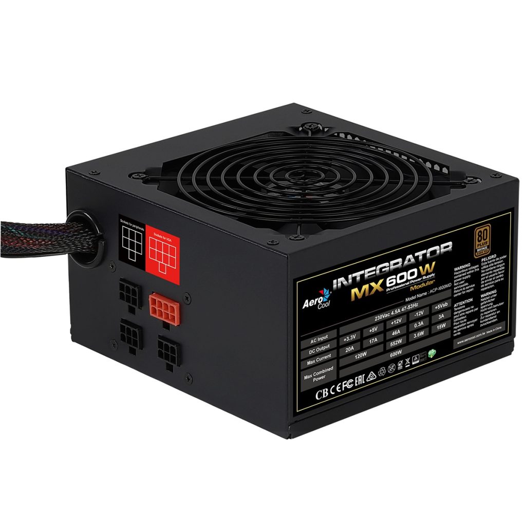 AeroCool Integrator 600W Semi Modular PSU 12cm Black Fan Active PFC ...